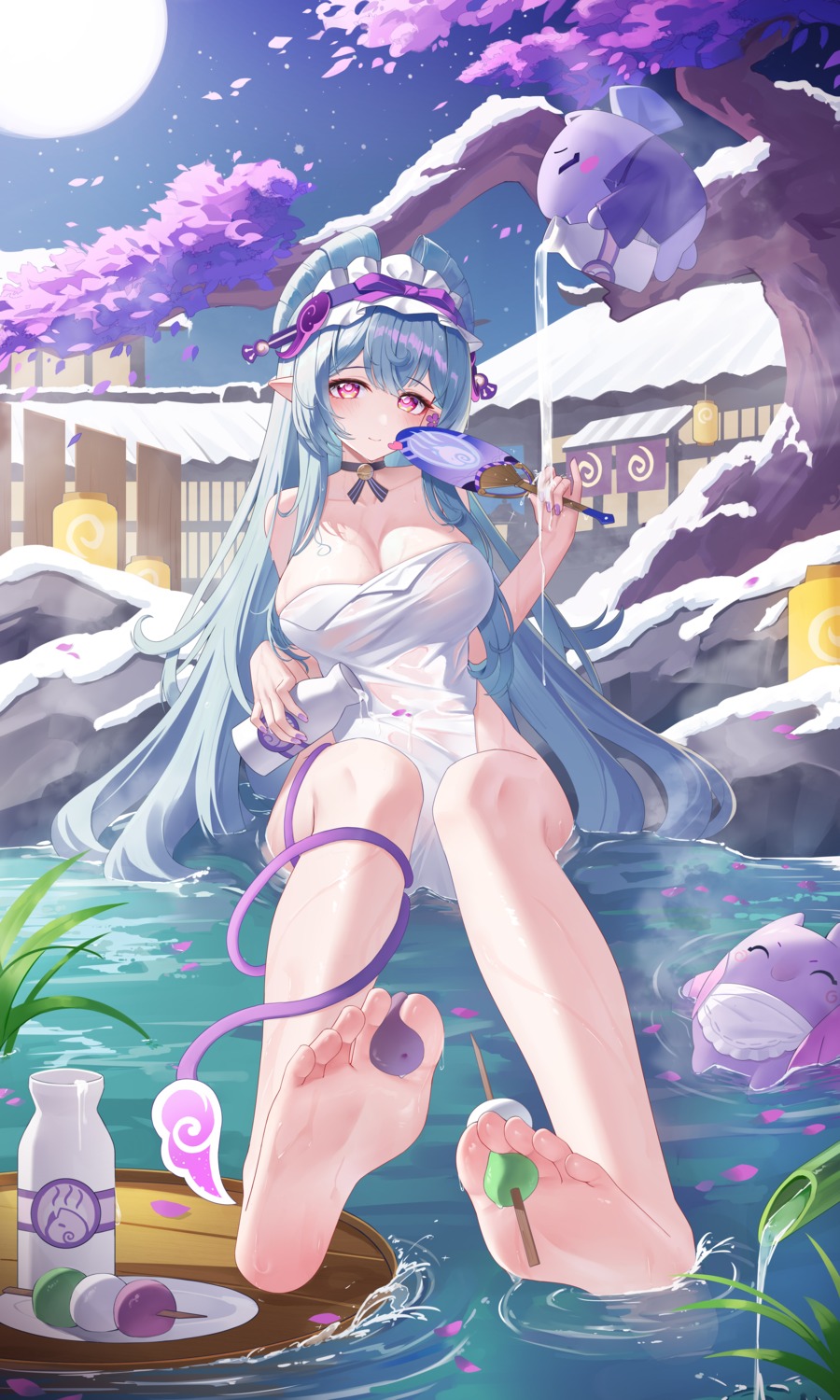 jndfh genshin impact yumemizuki mizuki cream feet maid onsen pointy ears see through tail towel ...